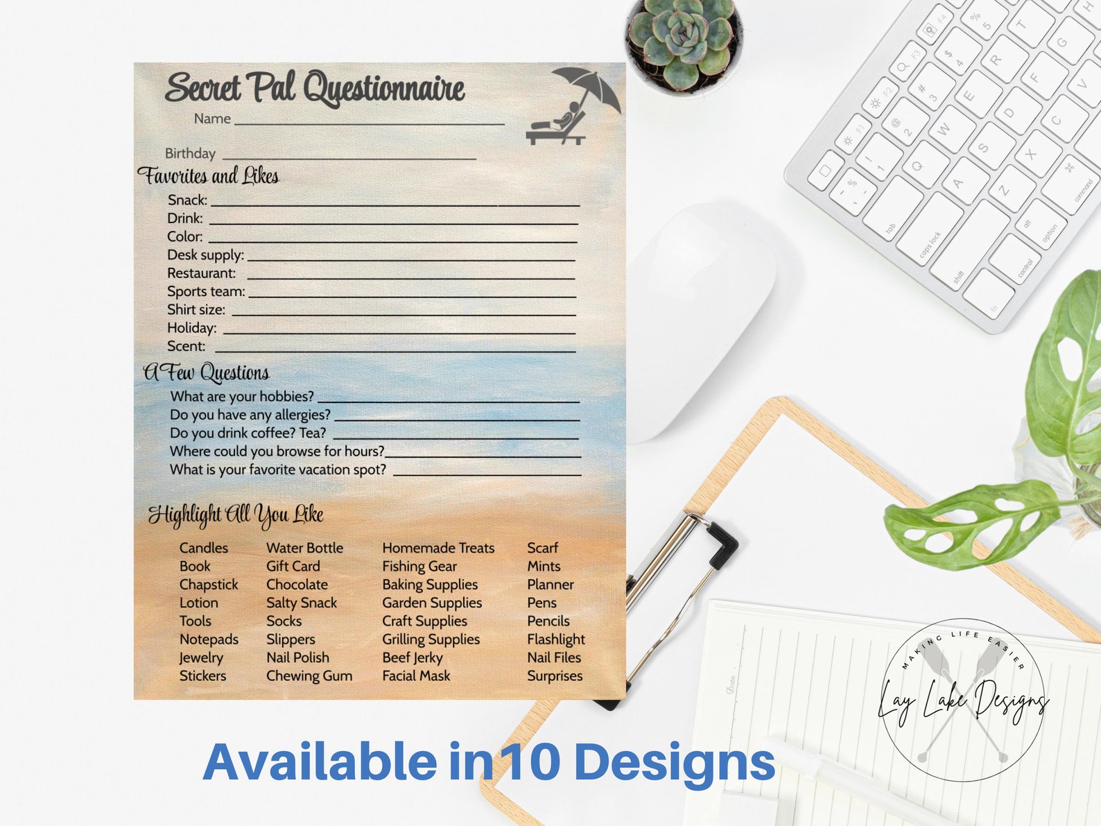 Secret Pal Questionnaire ~ 10 Question Sheets for Secret Santa, Teacher ...