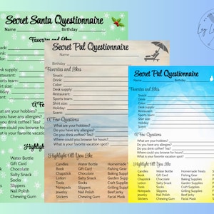 Secret Pal Questionnaire ~ 10 Question Sheets for Secret Santa, Teacher ...
