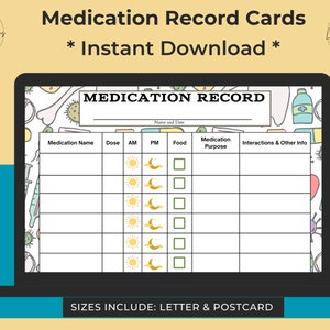 Medication Record Cards - Medicine Tracker, Prescription List, Dosage ...