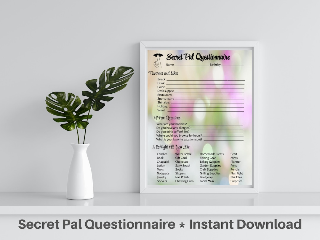 Secret Pal Questionnaire ~ 10 Question Sheets for Secret Santa, Teacher ...
