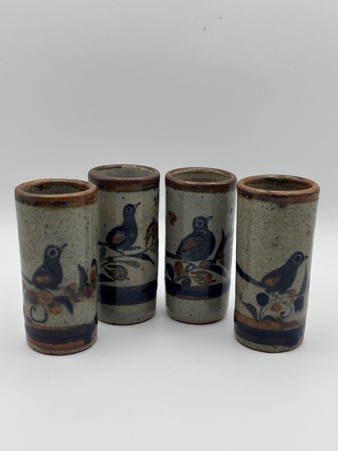 Set of 4 Mexican Tonala Folk Art Bird Shot Glasses Signed by Jorge ...