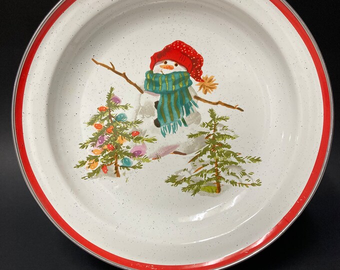VTG Hallmark Jan Karon Mitford Snowman Enamel Metal Bowl/serving Plate ...