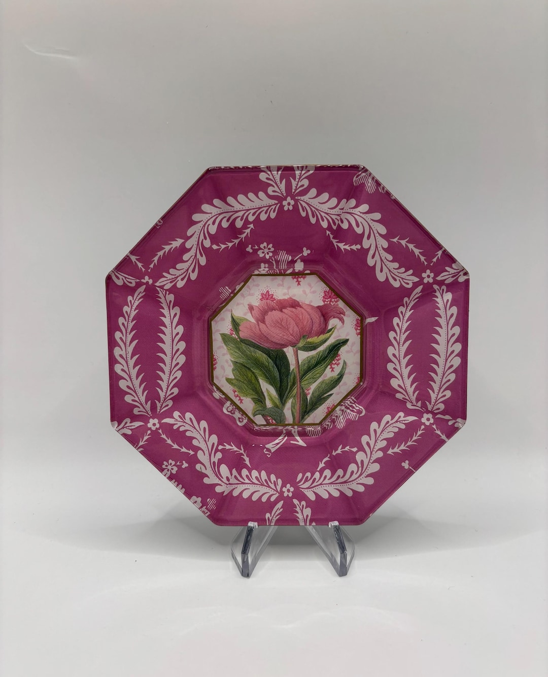 Marye Kelley Handmade Glass Decoupage Pink Peony Small Octagonal Plate ...