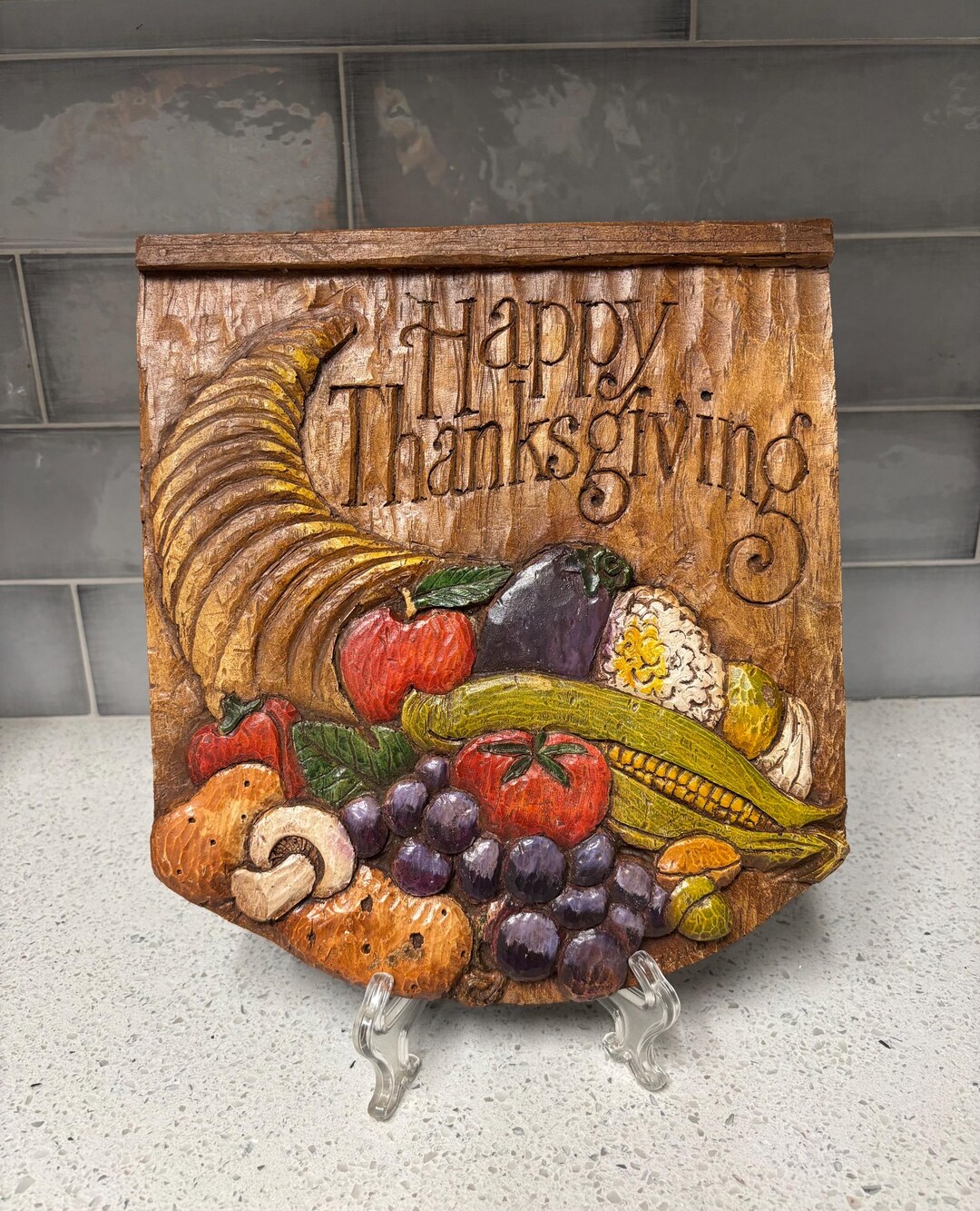 Al Pisano Hand Crafted "happy Thanksgiving" Carved Wood Wall Plaque - Etsy