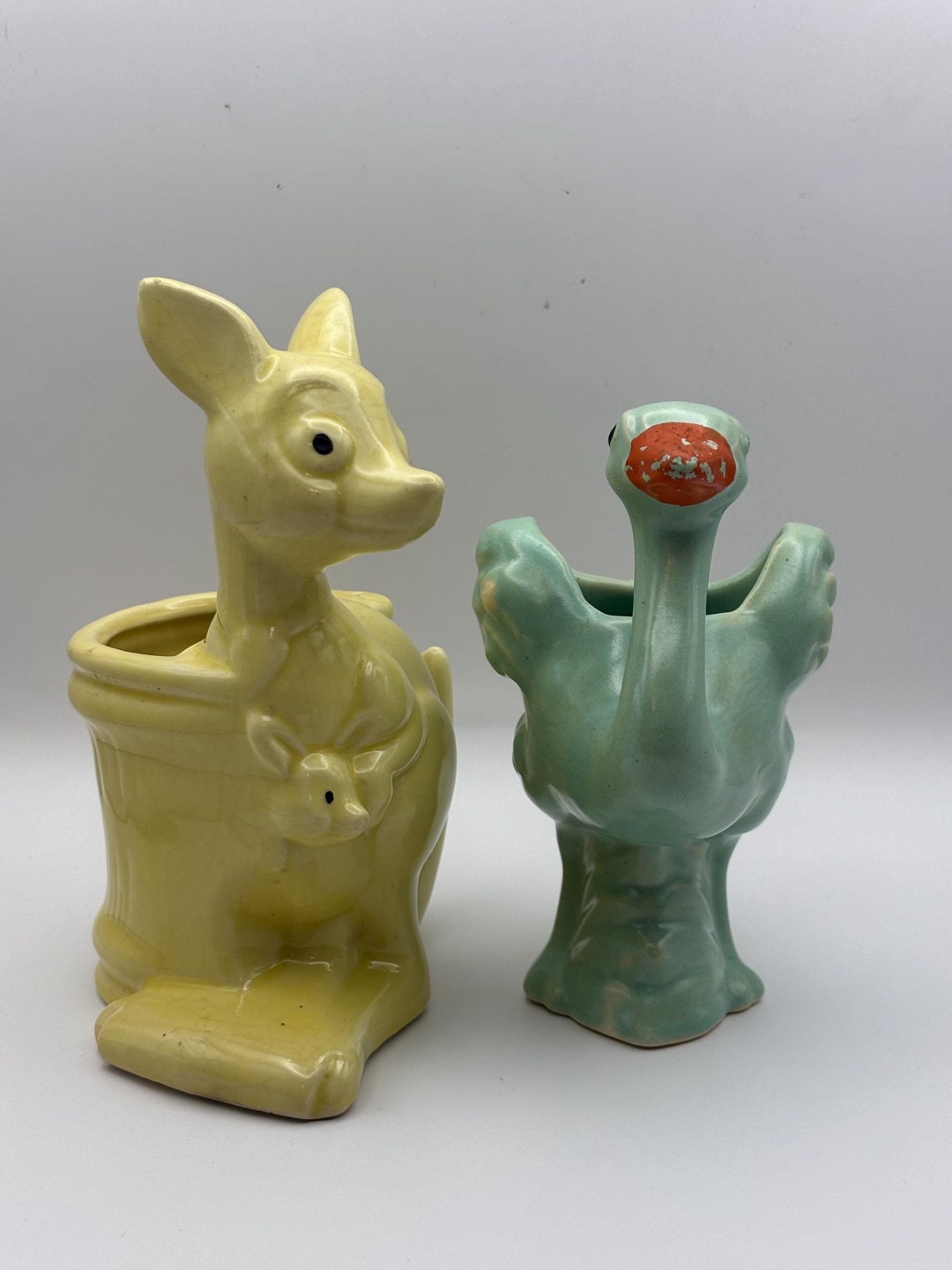 Set of 2 VTG Butter Yellow Kangaroo W/joey and Jade Green Ostrich ...
