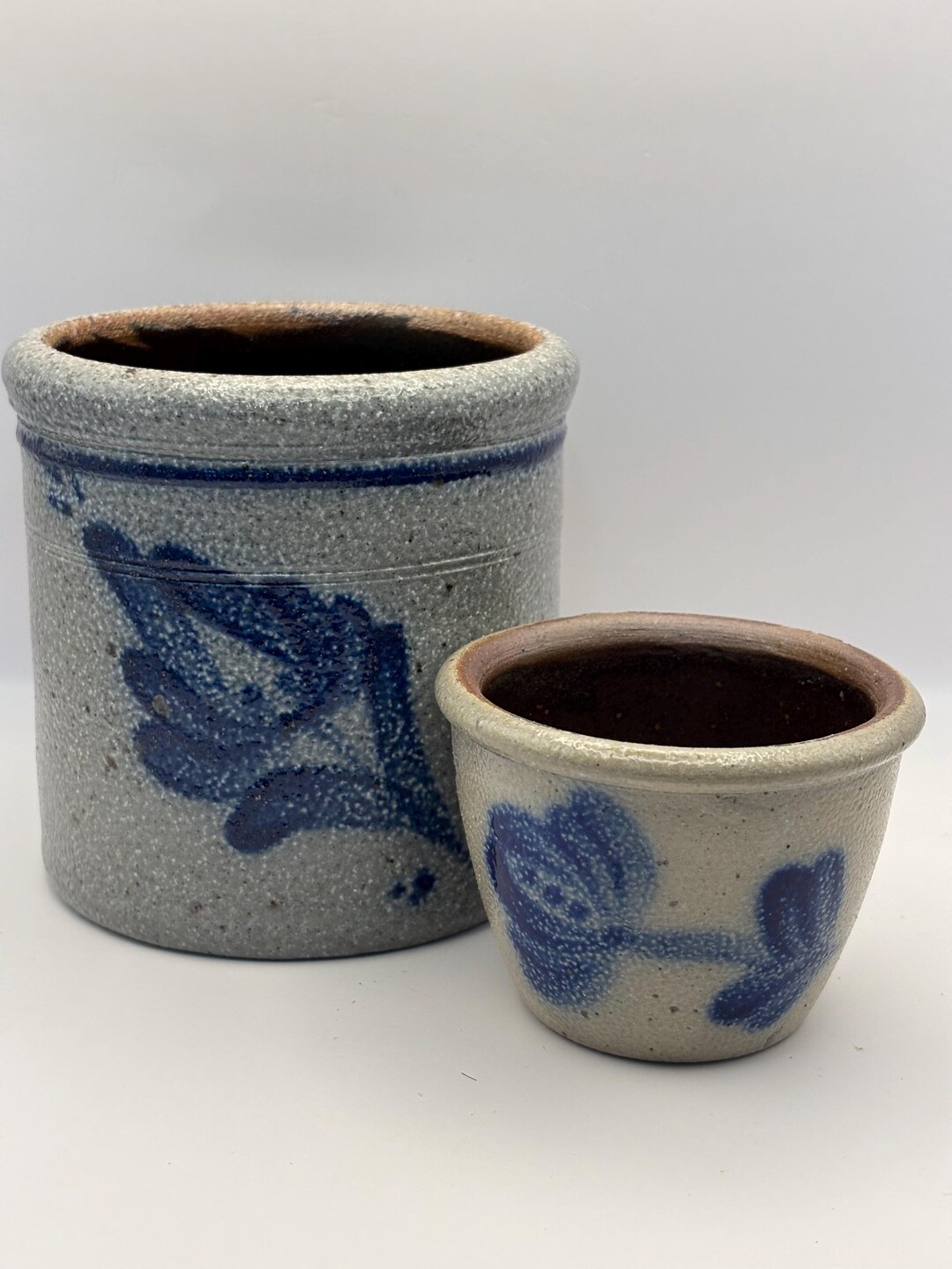 VTG Rowe Pottery Works Crock W Custard Cup Gray/blue Salt Glaze With ...