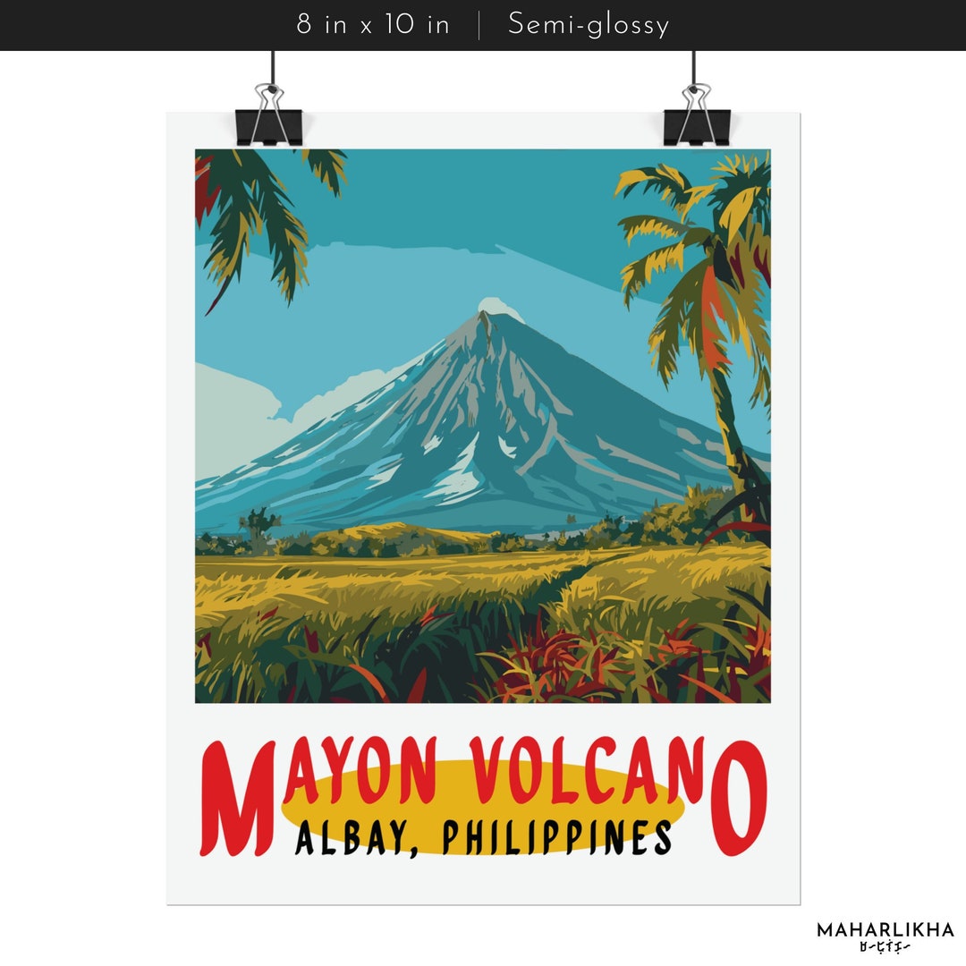 Mayon Volcano Travel Poster | Philippines Vector Illustration | Wall ...