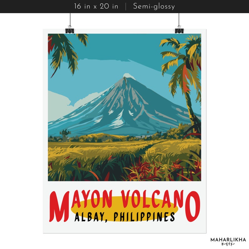 Mayon Volcano Travel Poster | Philippines Vector Illustration | Wall ...