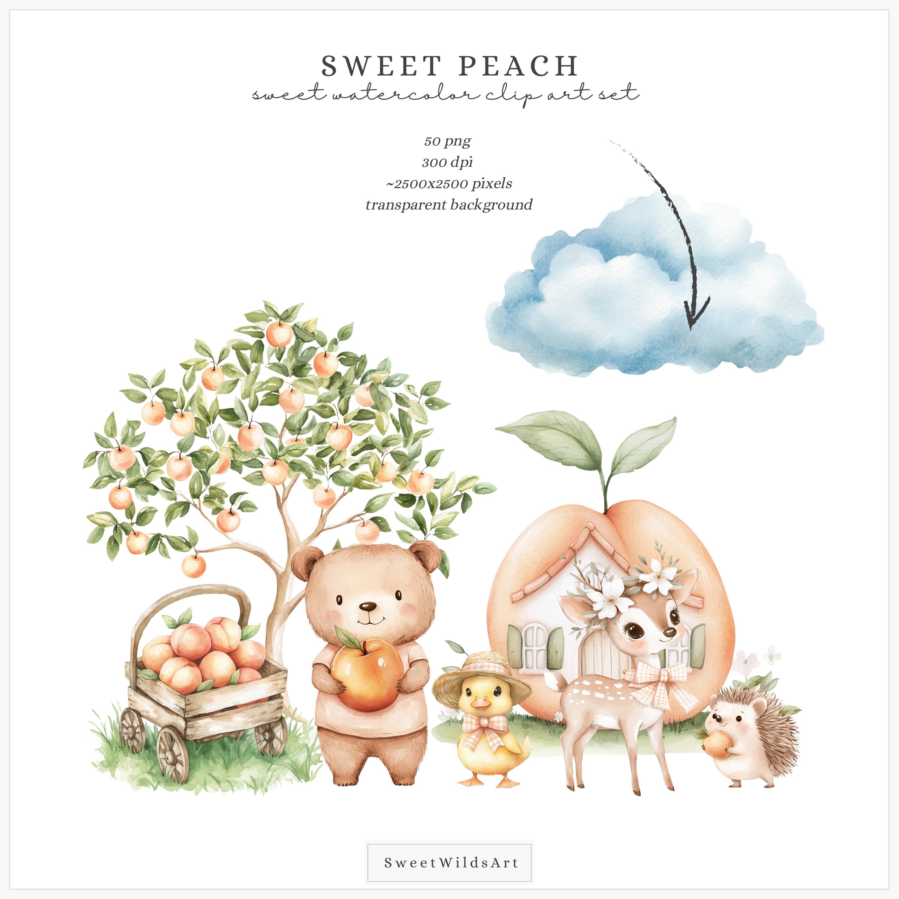 Watercolor Sweet Peach Clipart, Cute Animals Clipart, Peach Birthday ...