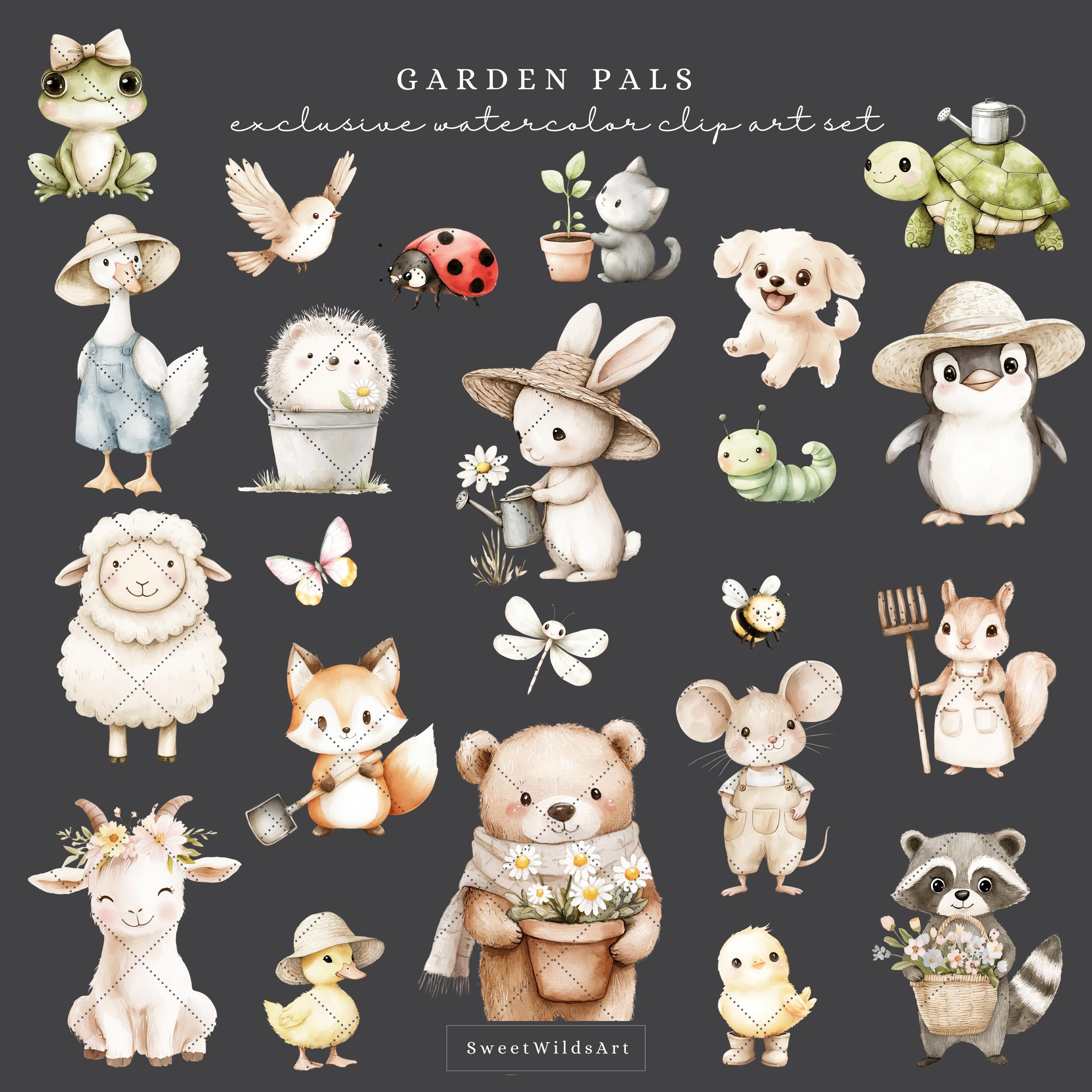 Garden Pals Watercolor Clipart Set, Cute Spring Animals Clip Art ...