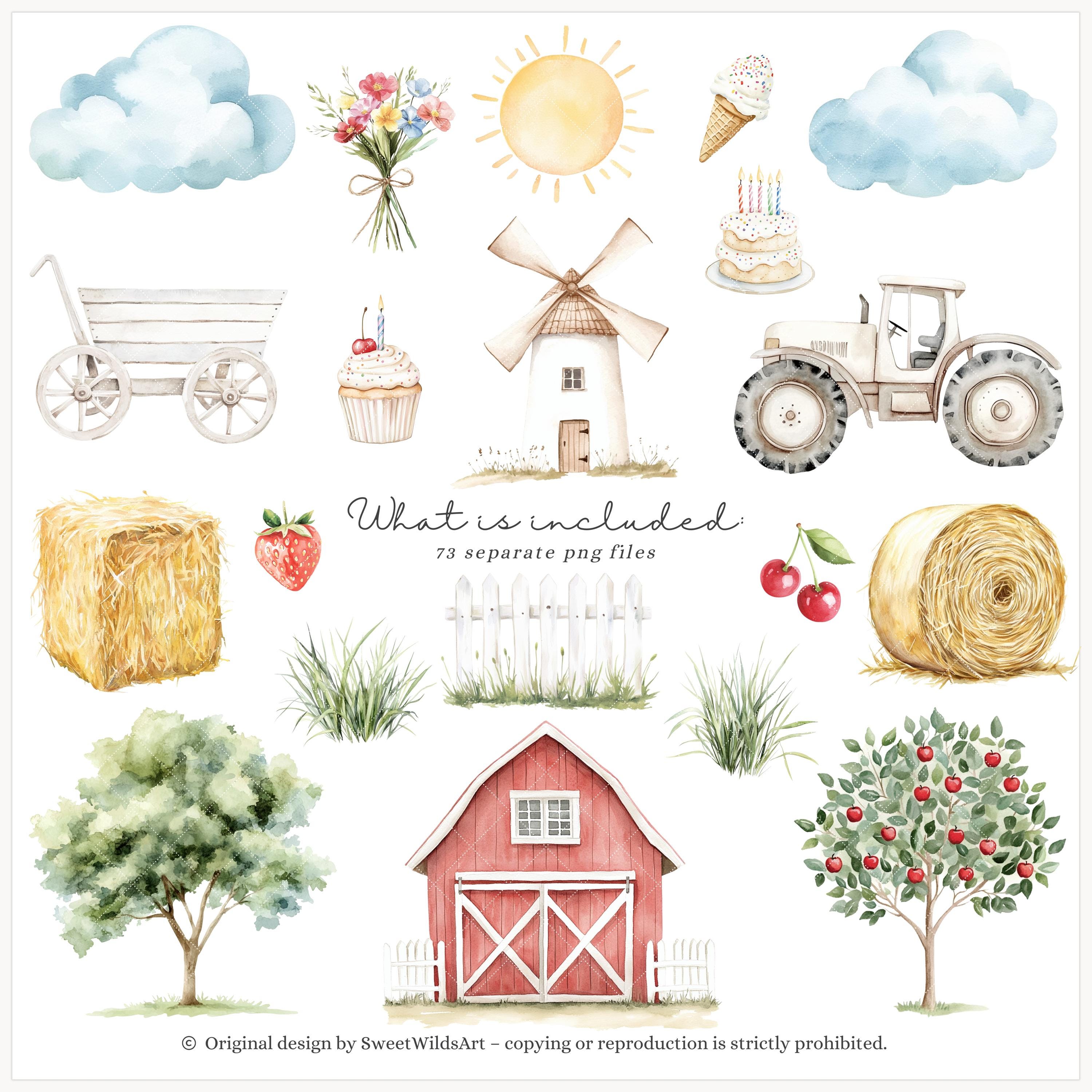 Watercolor Birthday Barn Clipart, Farm Animal Birthday PNG, Kids Party ...