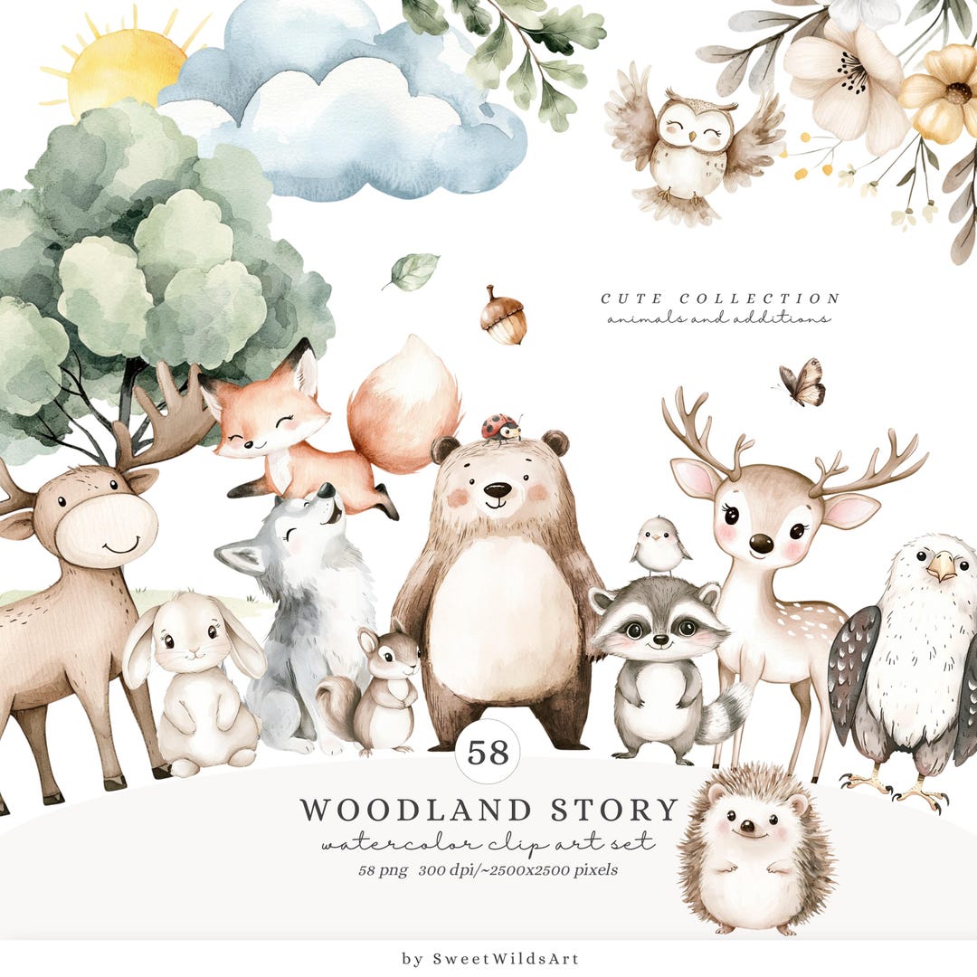Watercolor Woodland Story Clipart, Cute Woodland PNG, Baby Animal ...