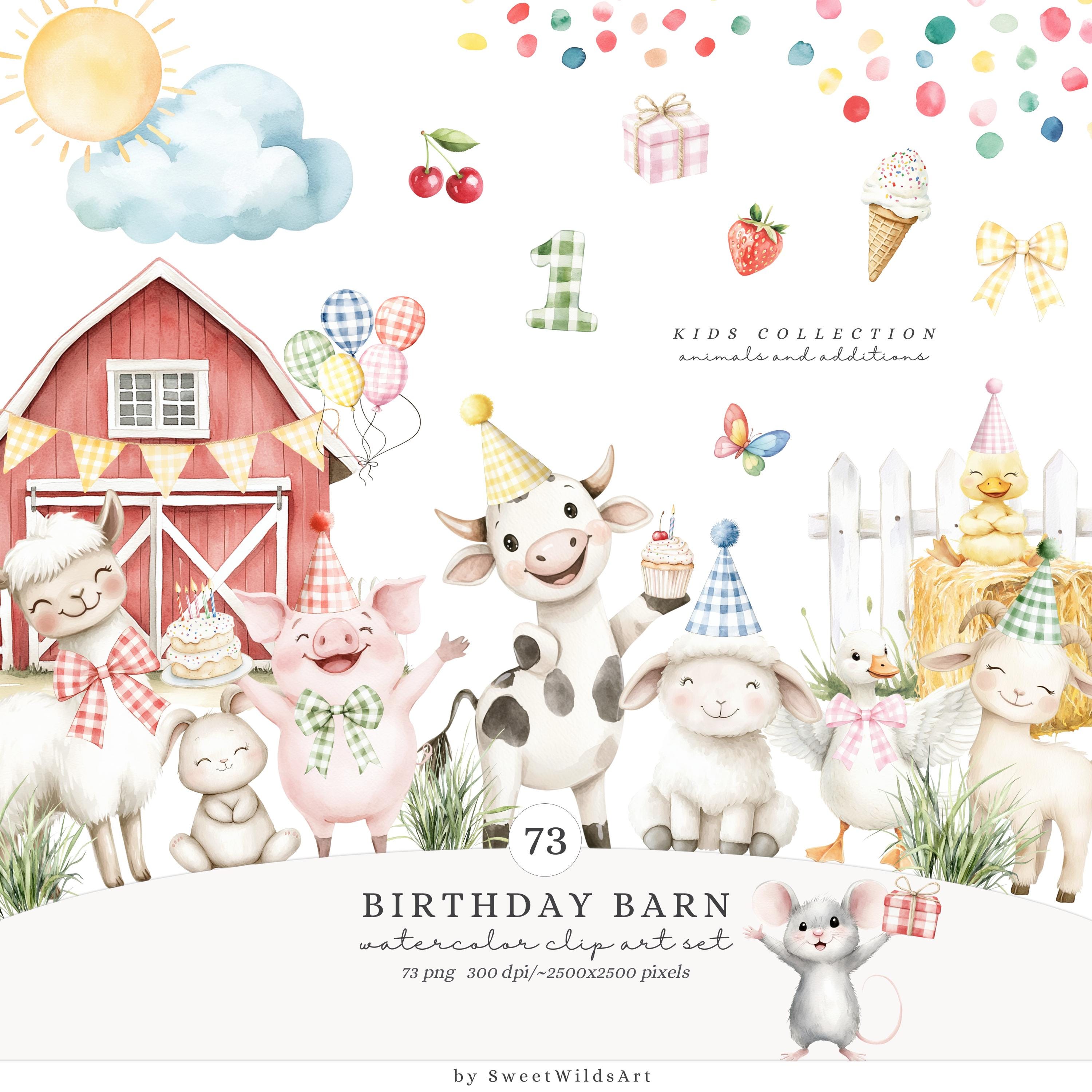 Watercolor Birthday Barn Clipart, Farm Animal Birthday PNG, Kids Party ...