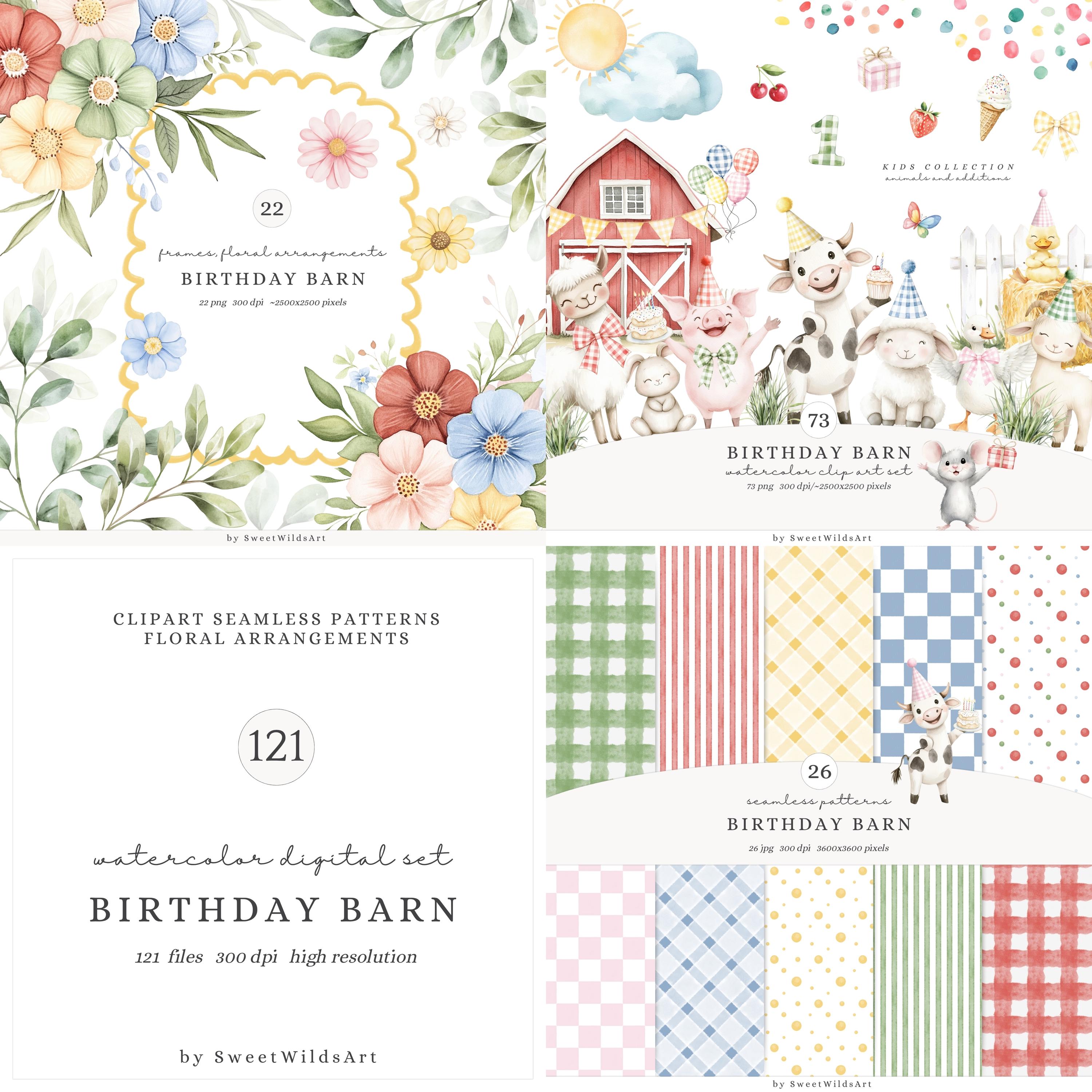Watercolor Birthday Barn Clipart, Farm Animal Birthday PNG, Kids Party ...