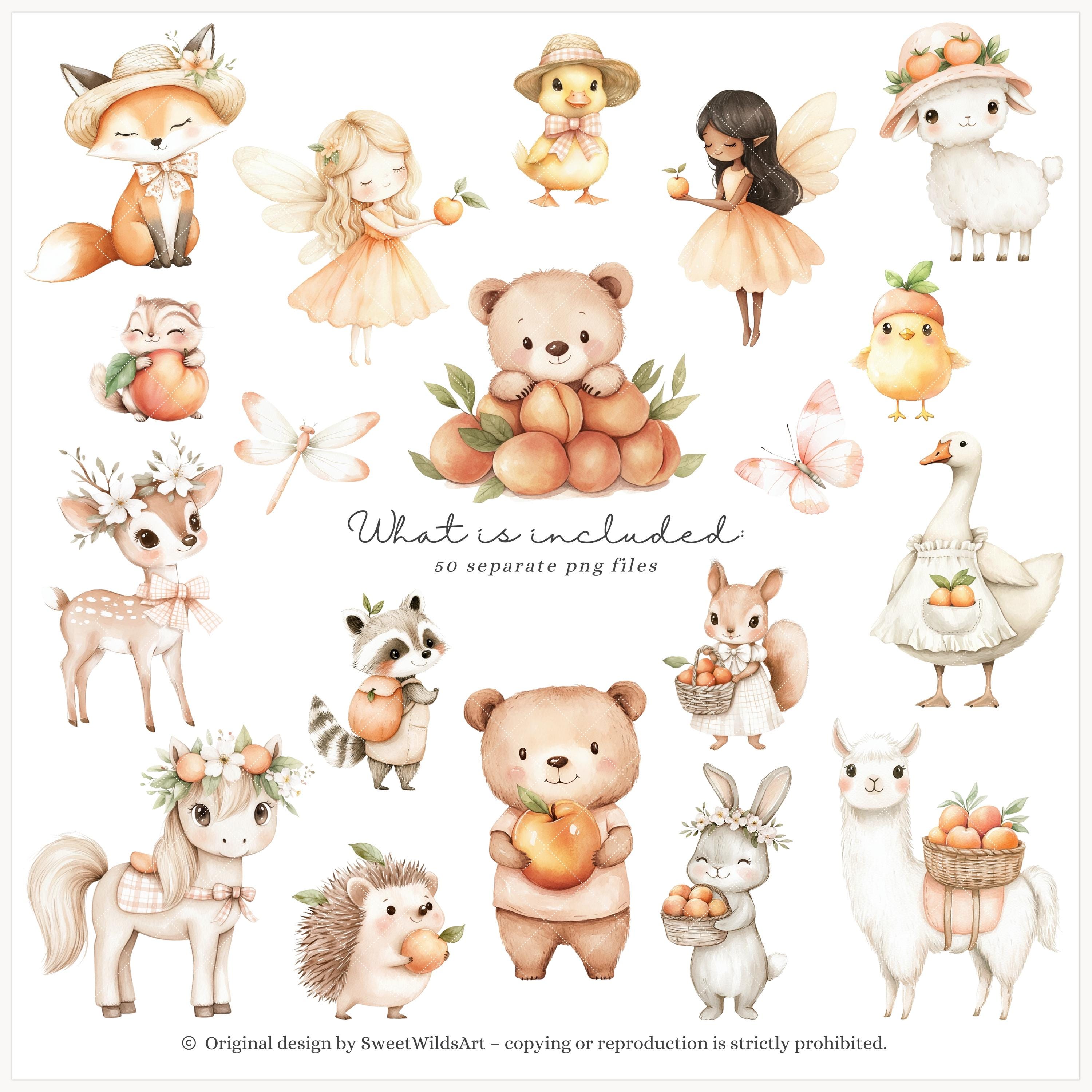 Watercolor Sweet Peach Clipart, Cute Animals Clipart, Peach Birthday ...