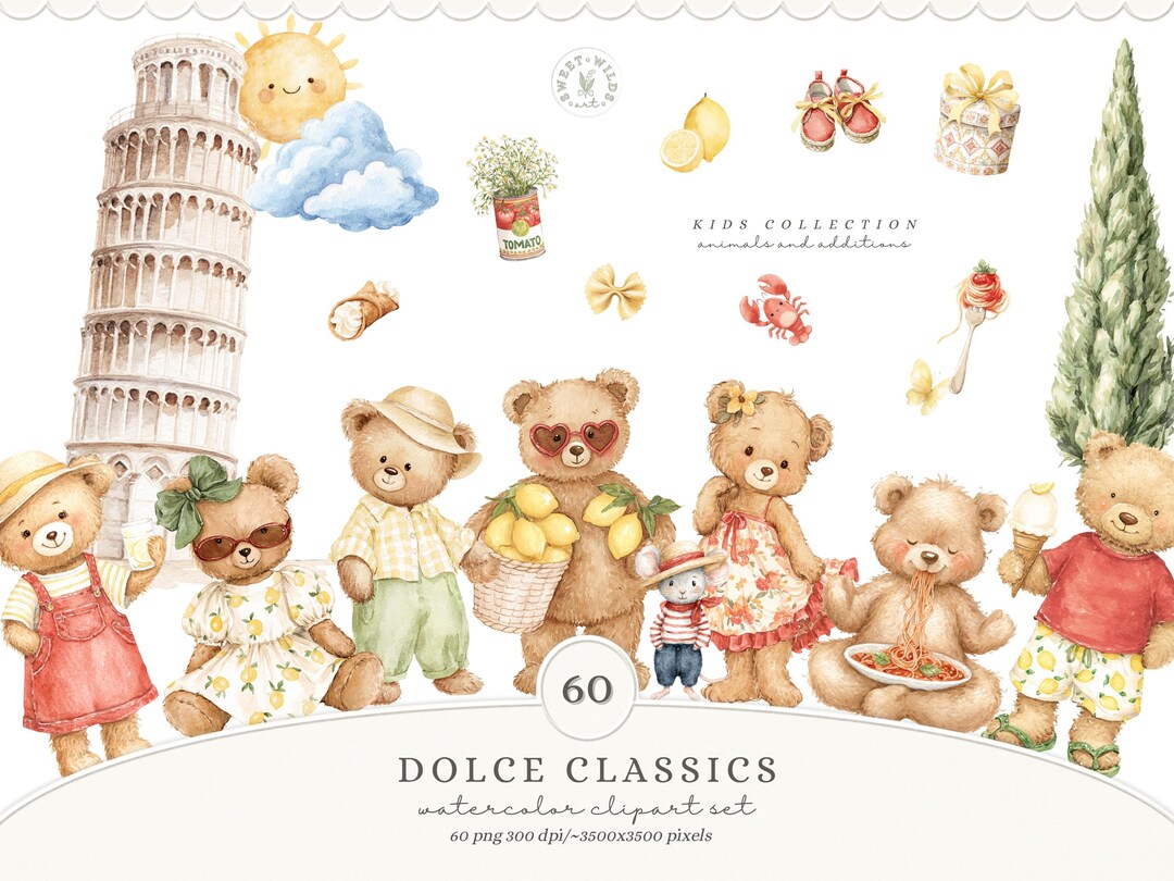 Watercolor Italian Teddy Bear Clipart, Dolce Vita Animals PNG, Lemon ...