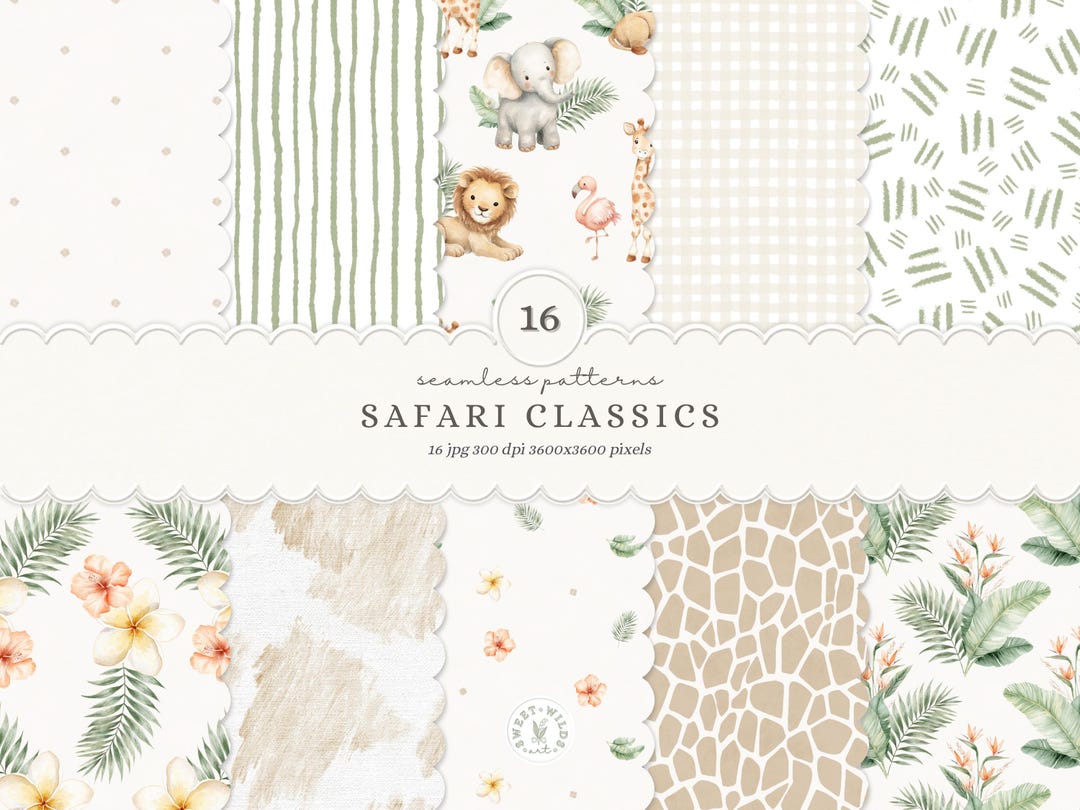 Watercolor Safari Seamless Patterns, Jungle Animals, Tropical Leaves ...