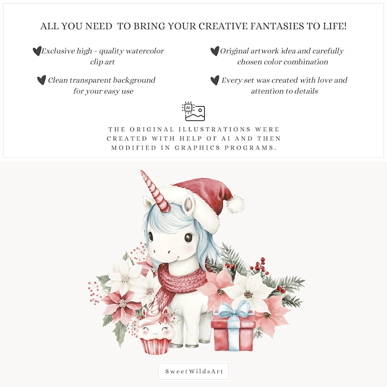 Watercolor Holiday Unicorns Clipart, Christmas PNG (digital Download ...