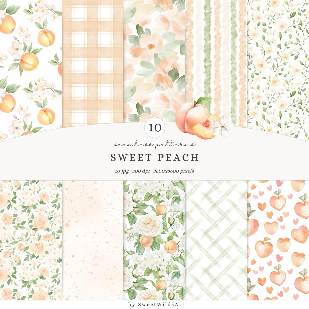 Watercolor Sweet Peach Seamless Patterns, Peach Gingham, Cute Summer ...