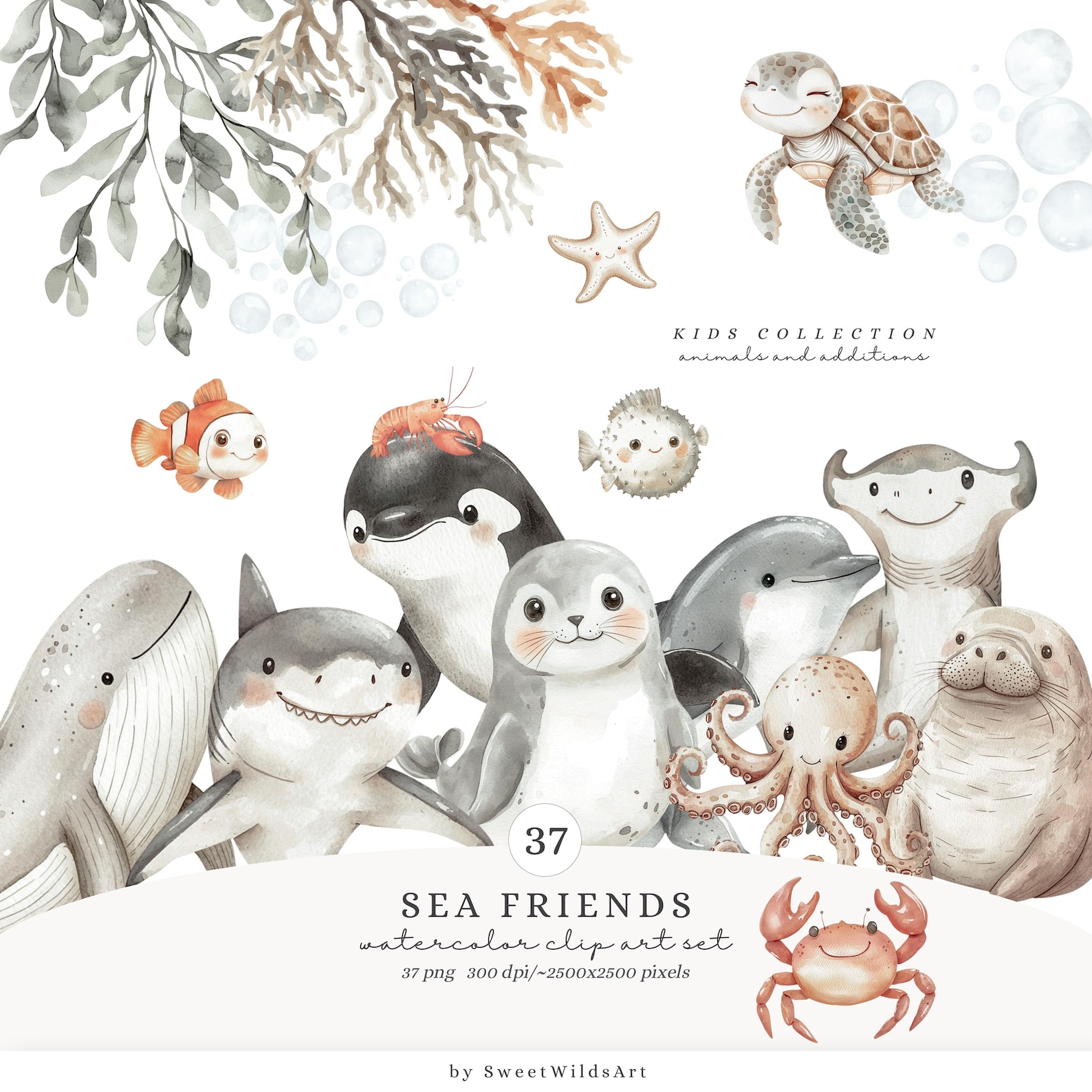 Watercolor Cute Sea Animals Clipart, Ocean Animals PNG, Sealife ...