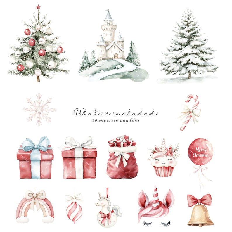 Watercolor Holiday Unicorns Clipart, Christmas PNG (digital Download ...