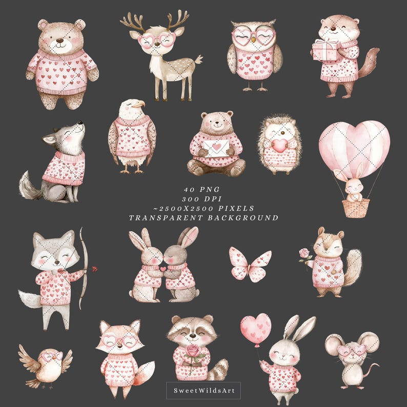 Watercolor Woodland Valentines Animal Clipart, Woodland in Love, Baby ...
