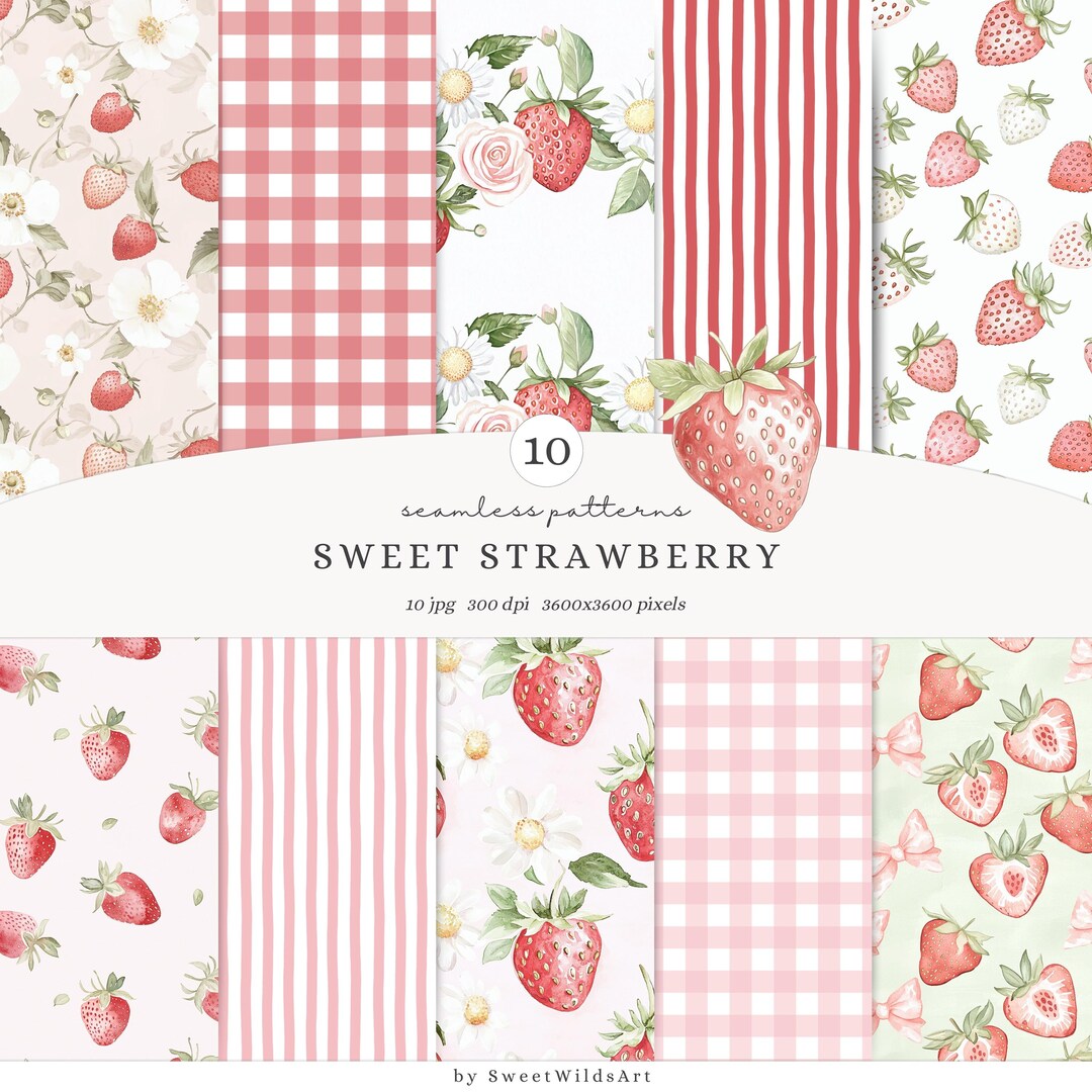 Watercolor Sweet Strawberry Seamless Patterns, Berry Pattern JPEG ...