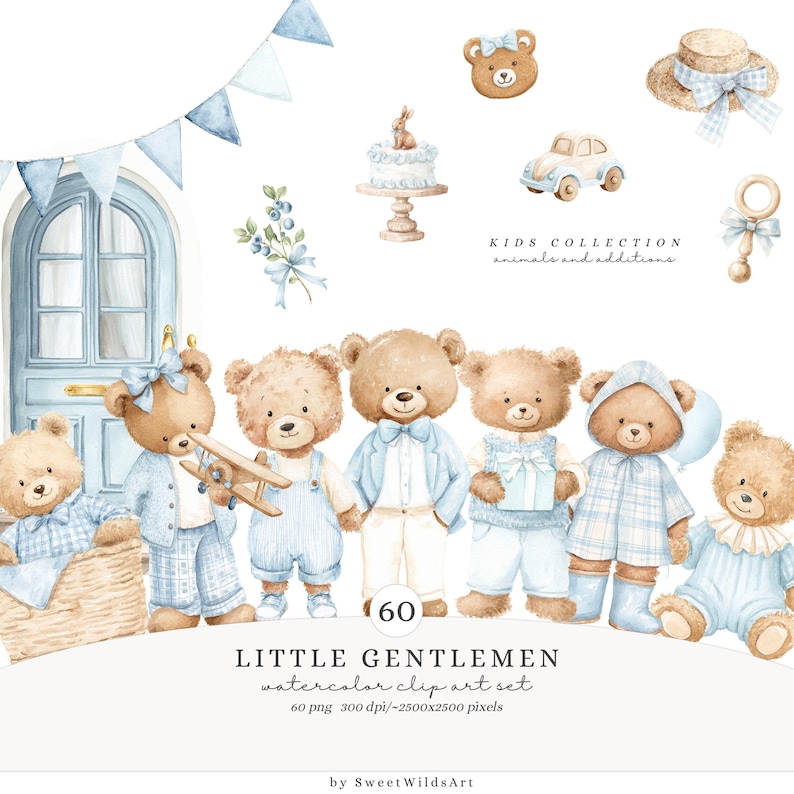 Watercolor Teddy Bear Clipart Set, Little Gentlemen Cute Baby Boy ...
