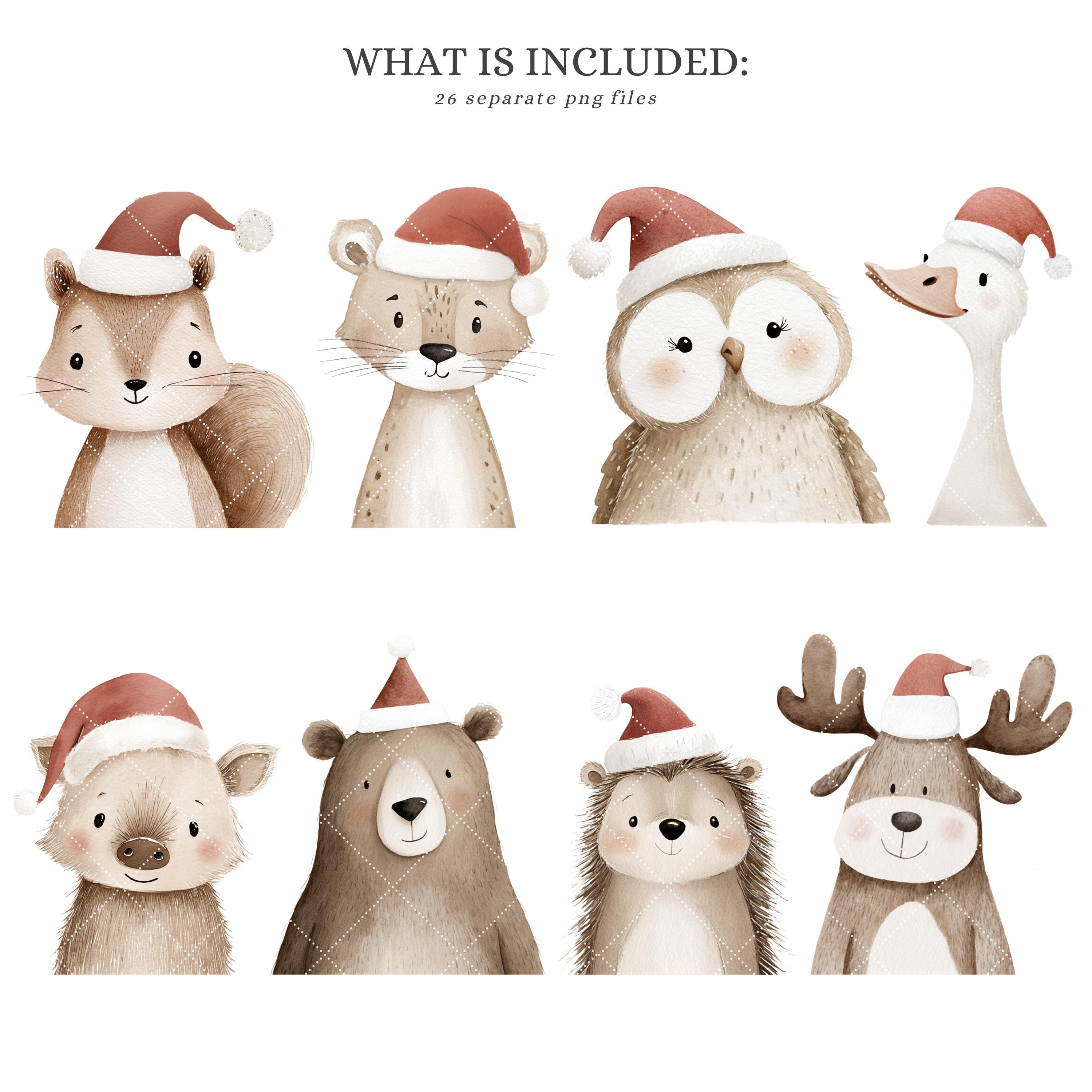 Watercolor Christmas Woodland Portraits Clipart, Cute Holiday Animals ...