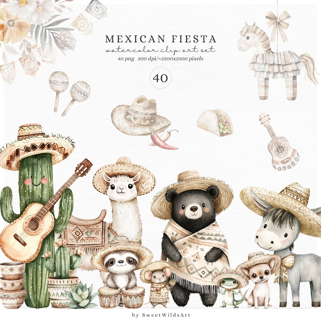Watercolor Cute Cinco De Mayo Clipart, Mexican Fiesta PNG, Baby Animals ...