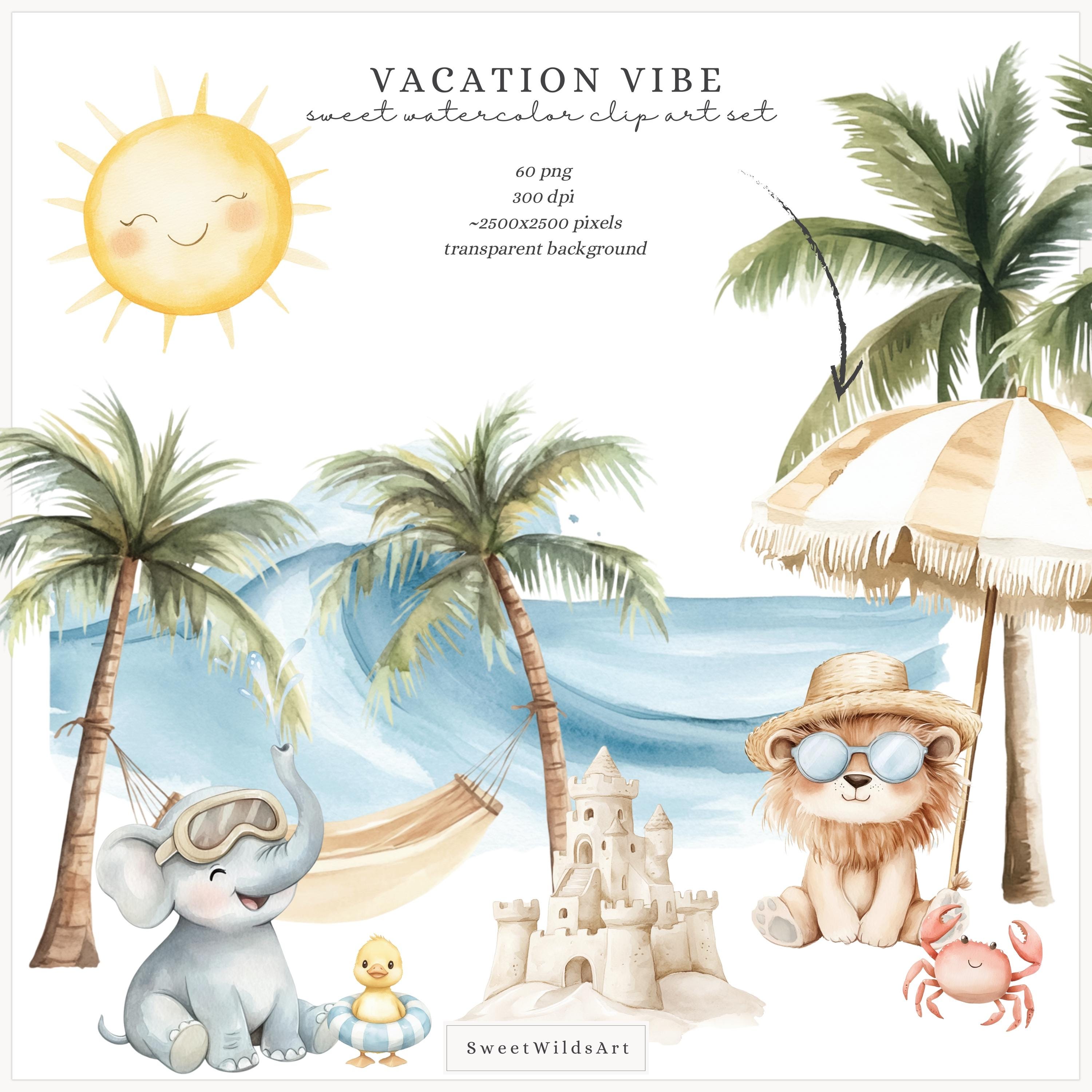 Watercolor Vacation Vibe Clipart, Cute Beach Animals, Ocean Nursery ...