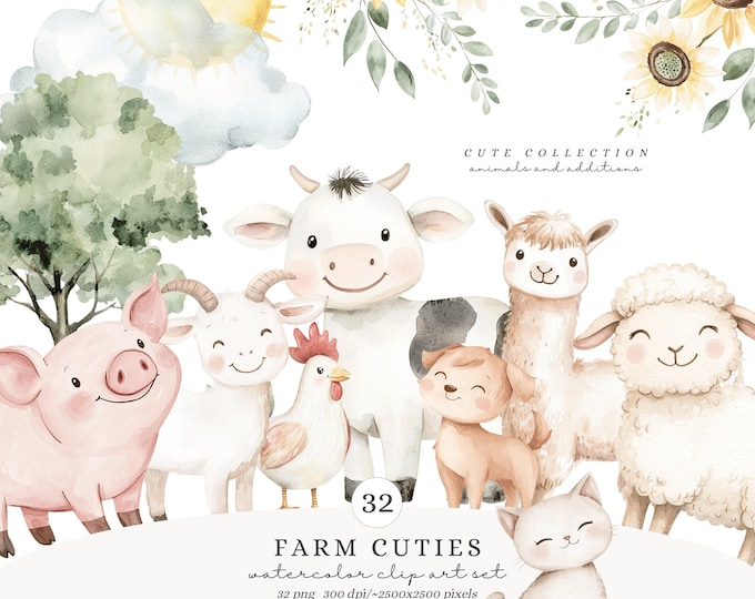Cute Farm Animals Clipart. Farm Animals Pig, Cow, Horse, Dog, Sheep ...