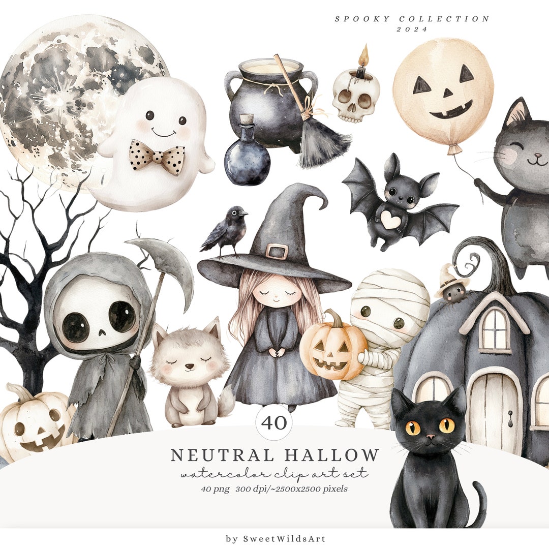 Watercolor Cute Halloween Clipart Bundle, Neutral Pastel Spooky Clip ...