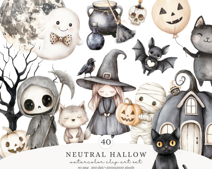 Watercolor Cute Halloween Clipart Bundle, Pastel Spooky Clip Art ...