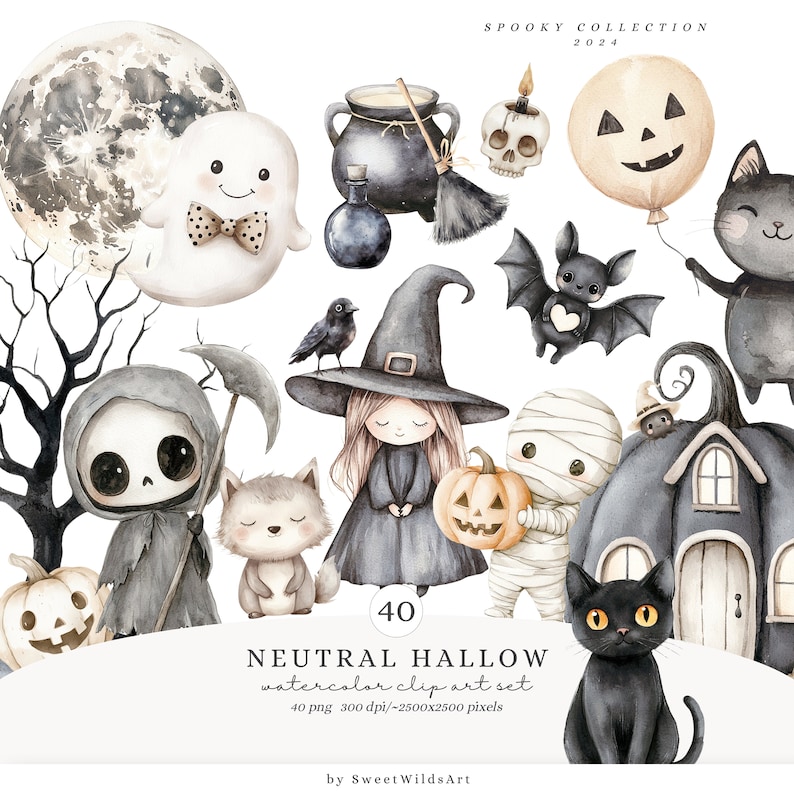 Watercolor Cute Halloween Clipart Bundle, Neutral Pastel Spooky Clip ...