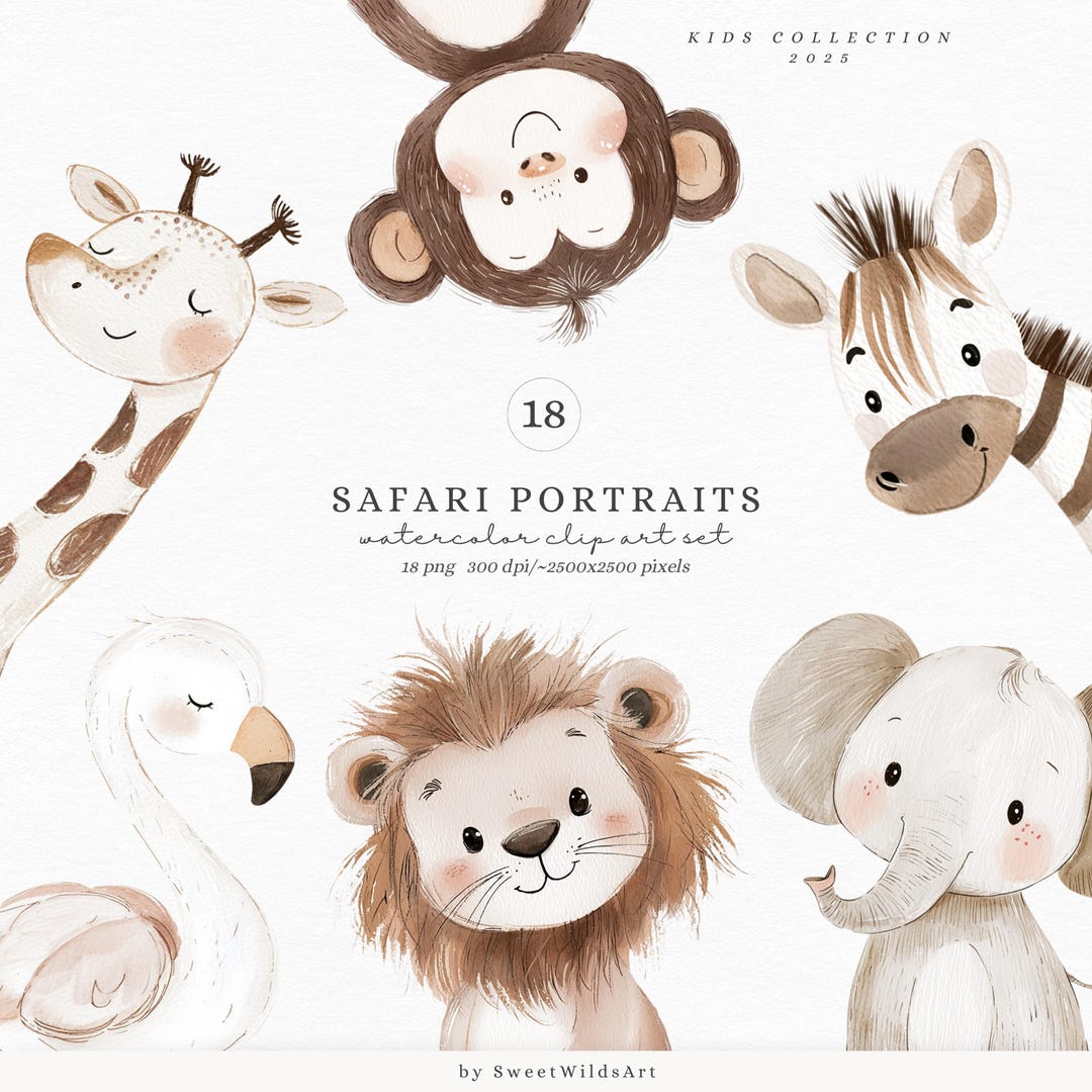 Watercolor Safari Portraits Clipart, Cute Animals Clipart, Baby Animals ...