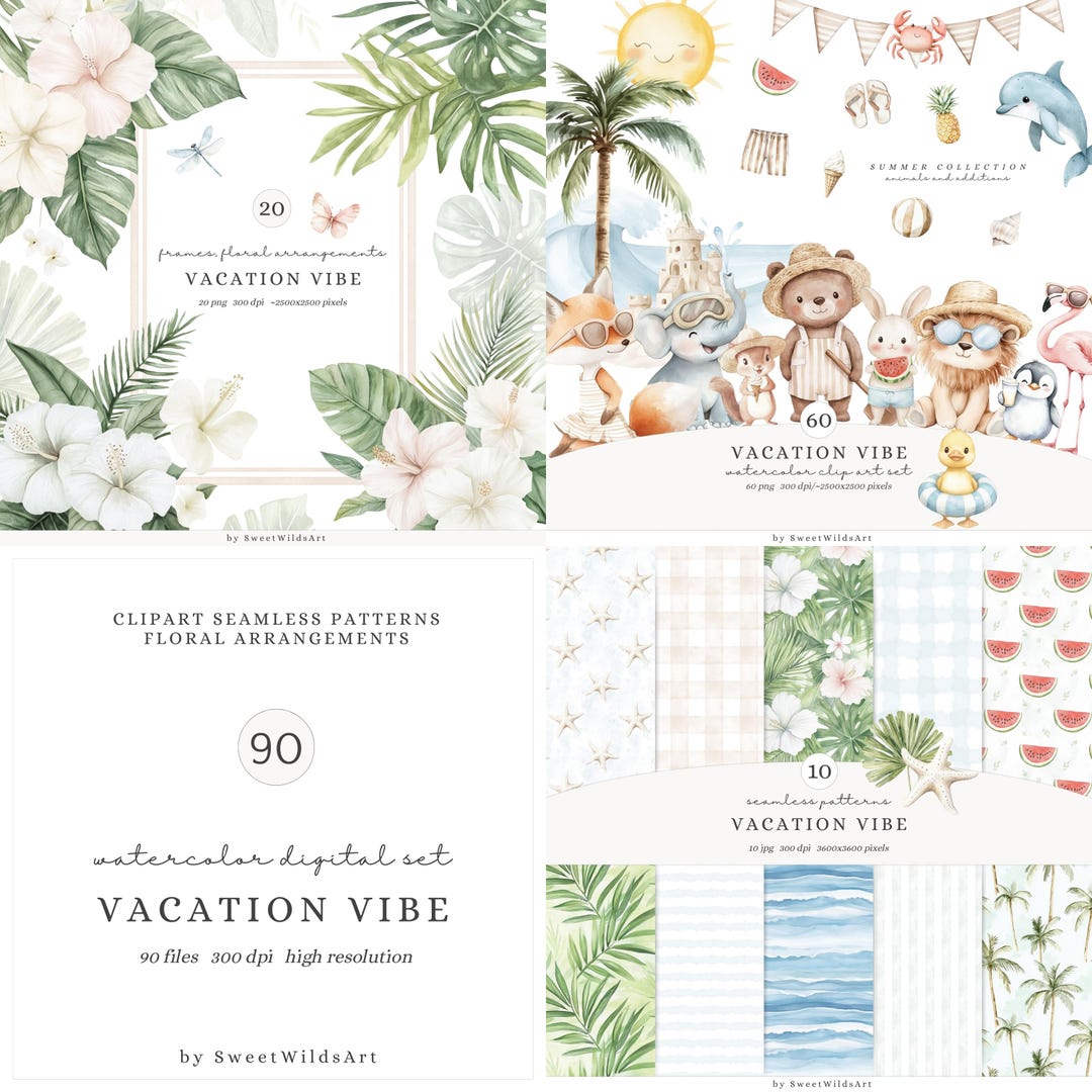 Watercolor Vacation Vibe Clipart, Cute Beach Animals, Ocean Nursery ...