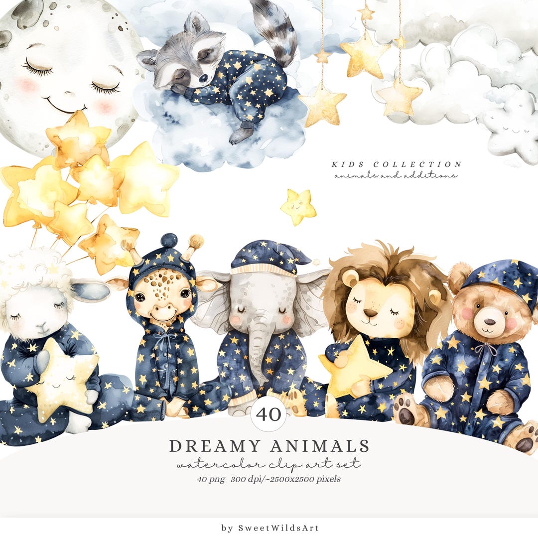Watercolor Dreamy Animals Clipart Bundle, Night Time, Pajama Party ...