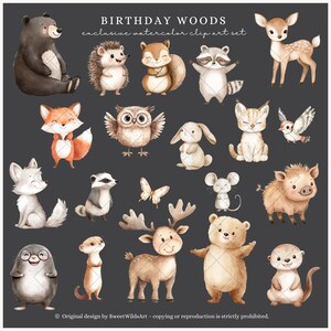 Watercolor Birthday Woods Clipart Set, Woodland Animals Birthday PNG ...