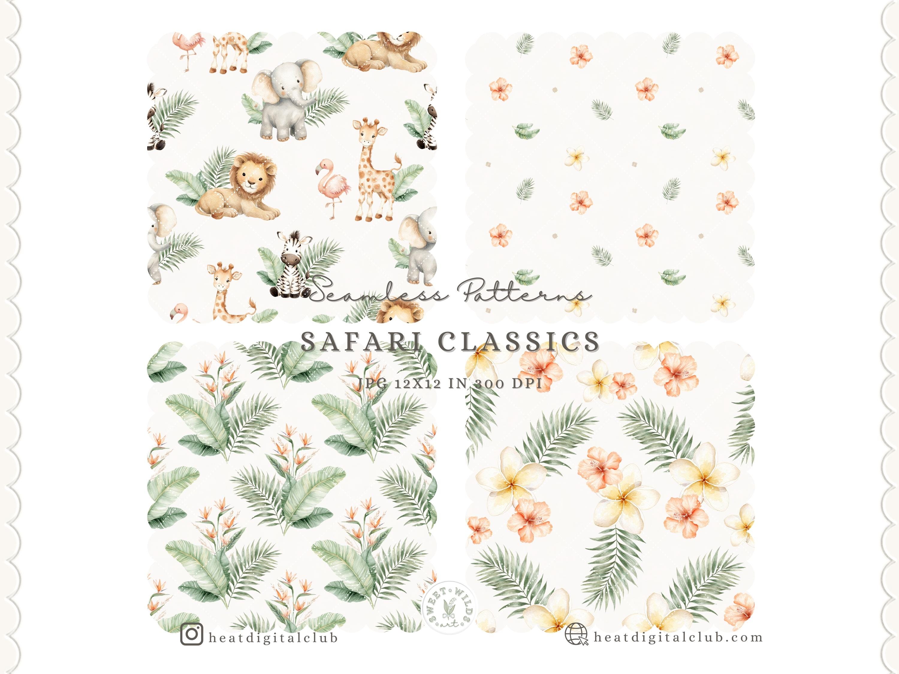 Watercolor Safari Seamless Patterns, Jungle Animals, Tropical Leaves ...