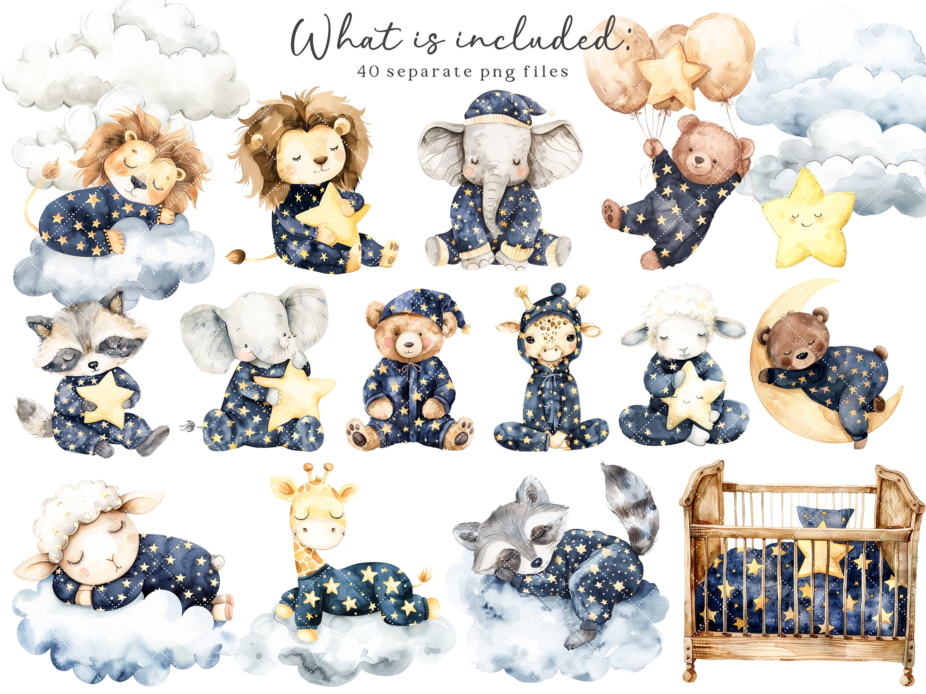 Watercolor Dreamy Animals Clipart Bundle, Night Time, Pajama Party ...