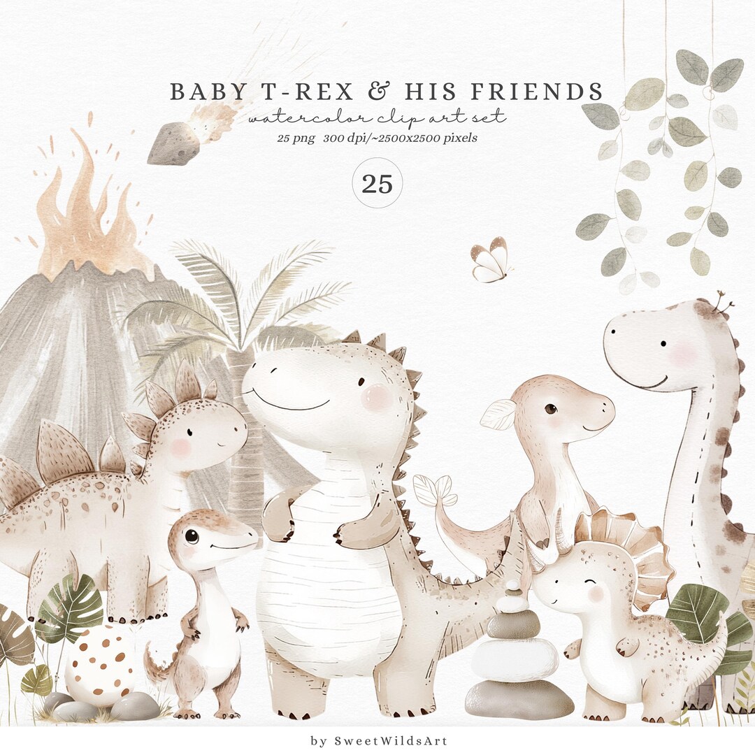 Watercolor Cute Dinosaur Clipart, Dinosaur PNG, Baby Dino Birthday ...