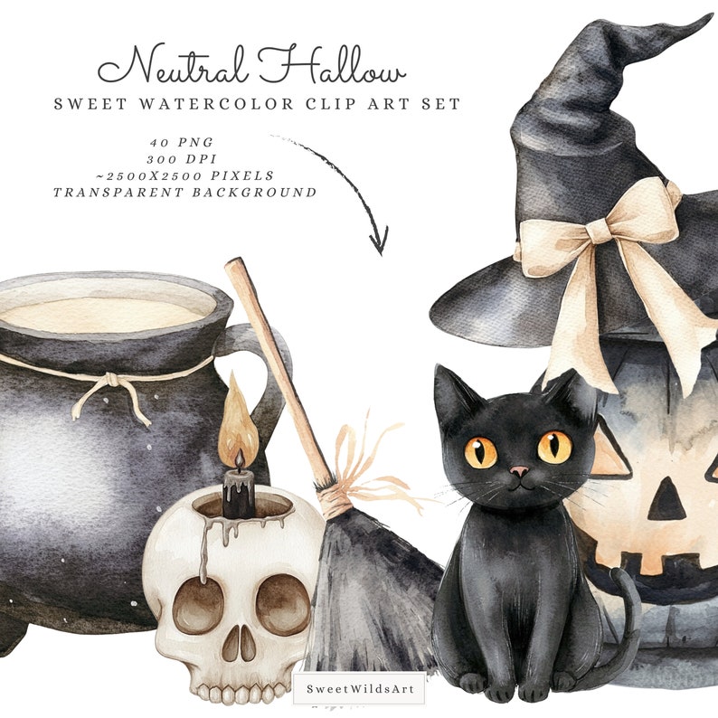 Watercolor Cute Halloween Clipart Bundle, Neutral Pastel Spooky Clip ...