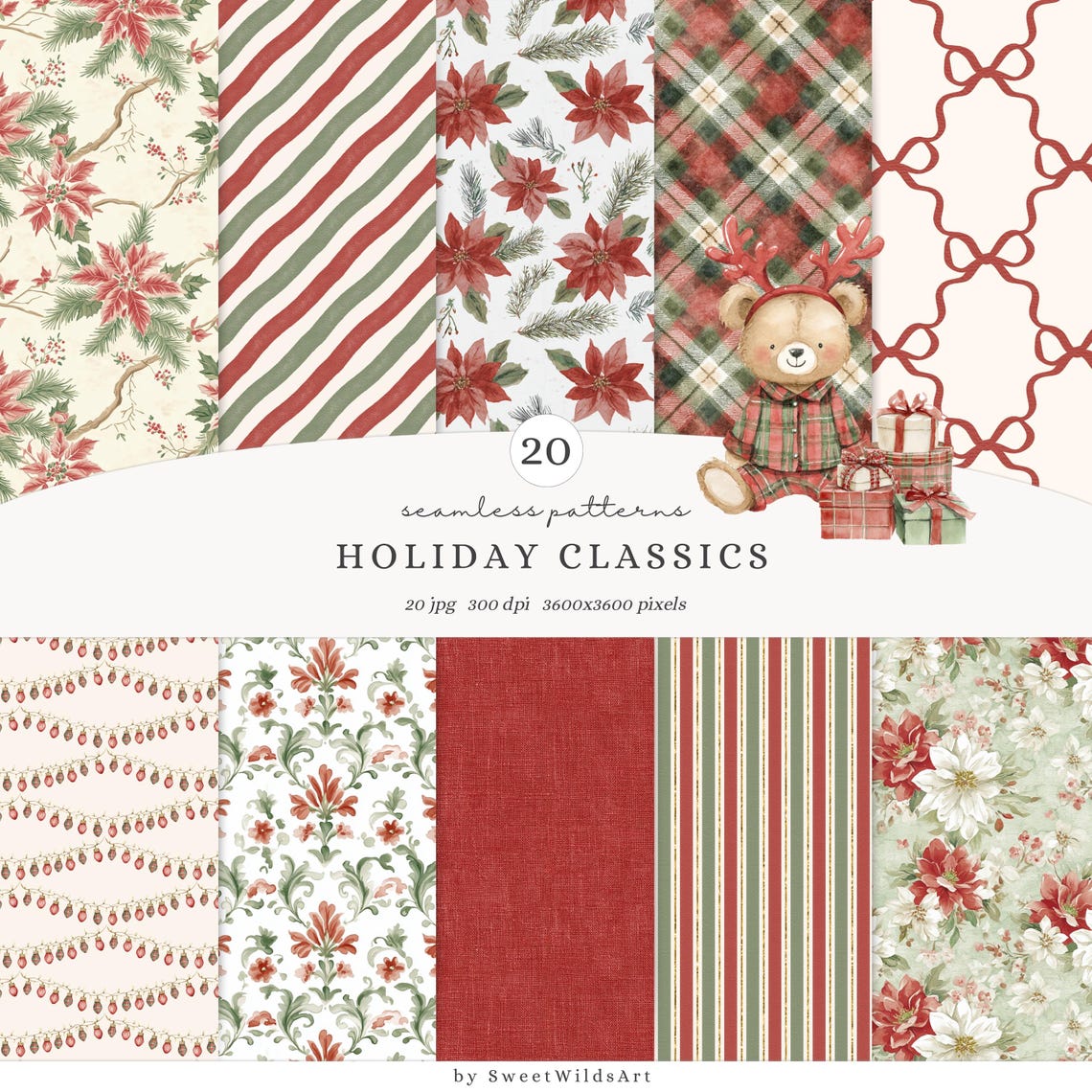 Watercolor Christmas Bears Clipart, Tartan Holiday Clipart, Cute Teddy ...