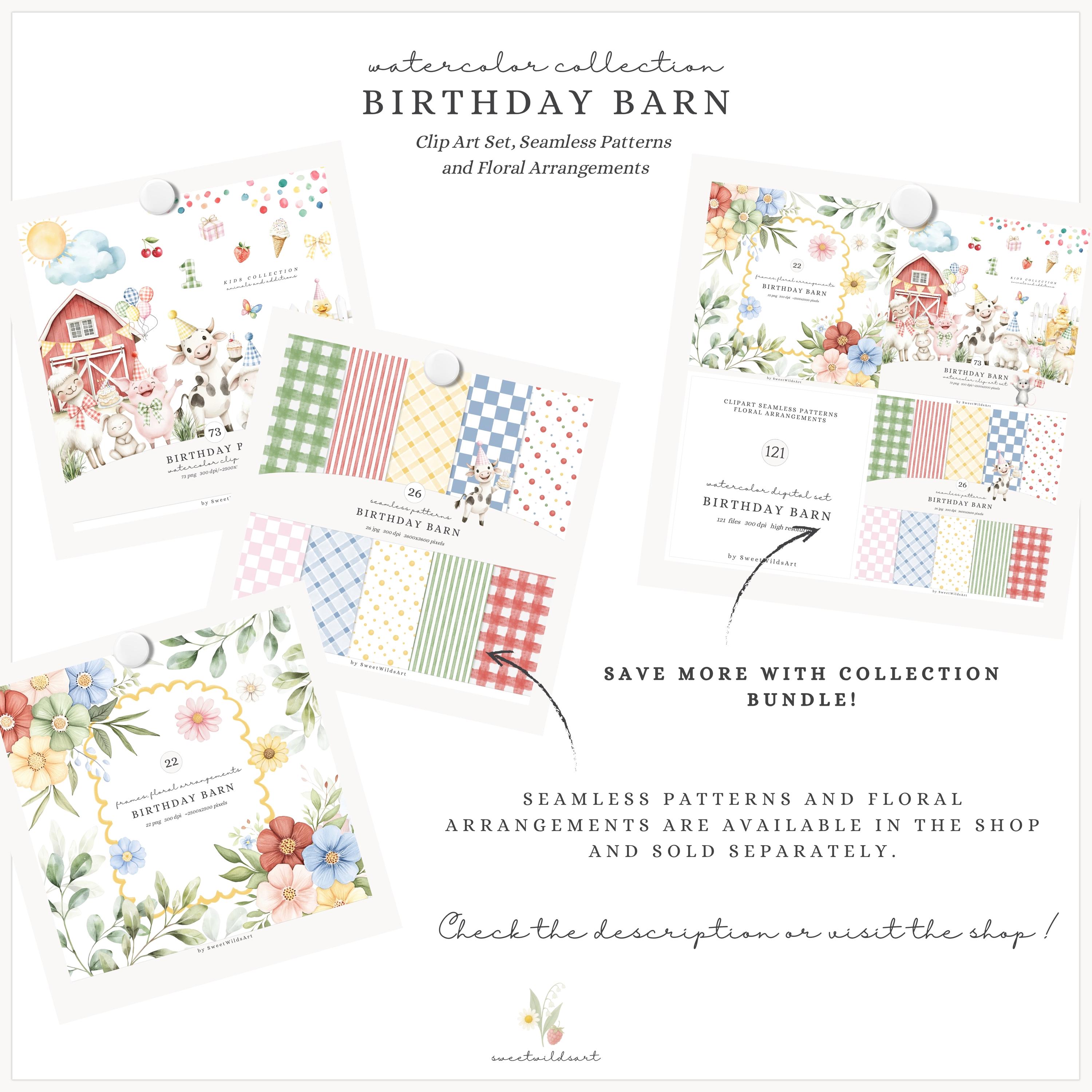 Watercolor Birthday Barn Clipart, Farm Animal Birthday PNG, Kids Party ...
