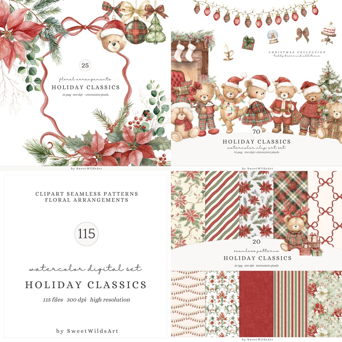 Watercolor Christmas Bears Clipart, Tartan Holiday Clipart, Cute Teddy ...