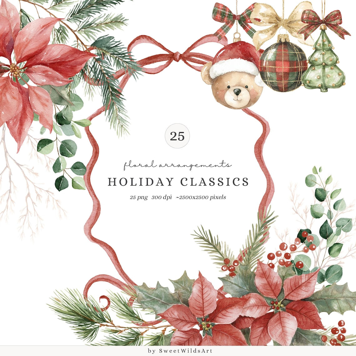 Watercolor Christmas Bears Clipart, Tartan Holiday Clipart, Cute Teddy ...