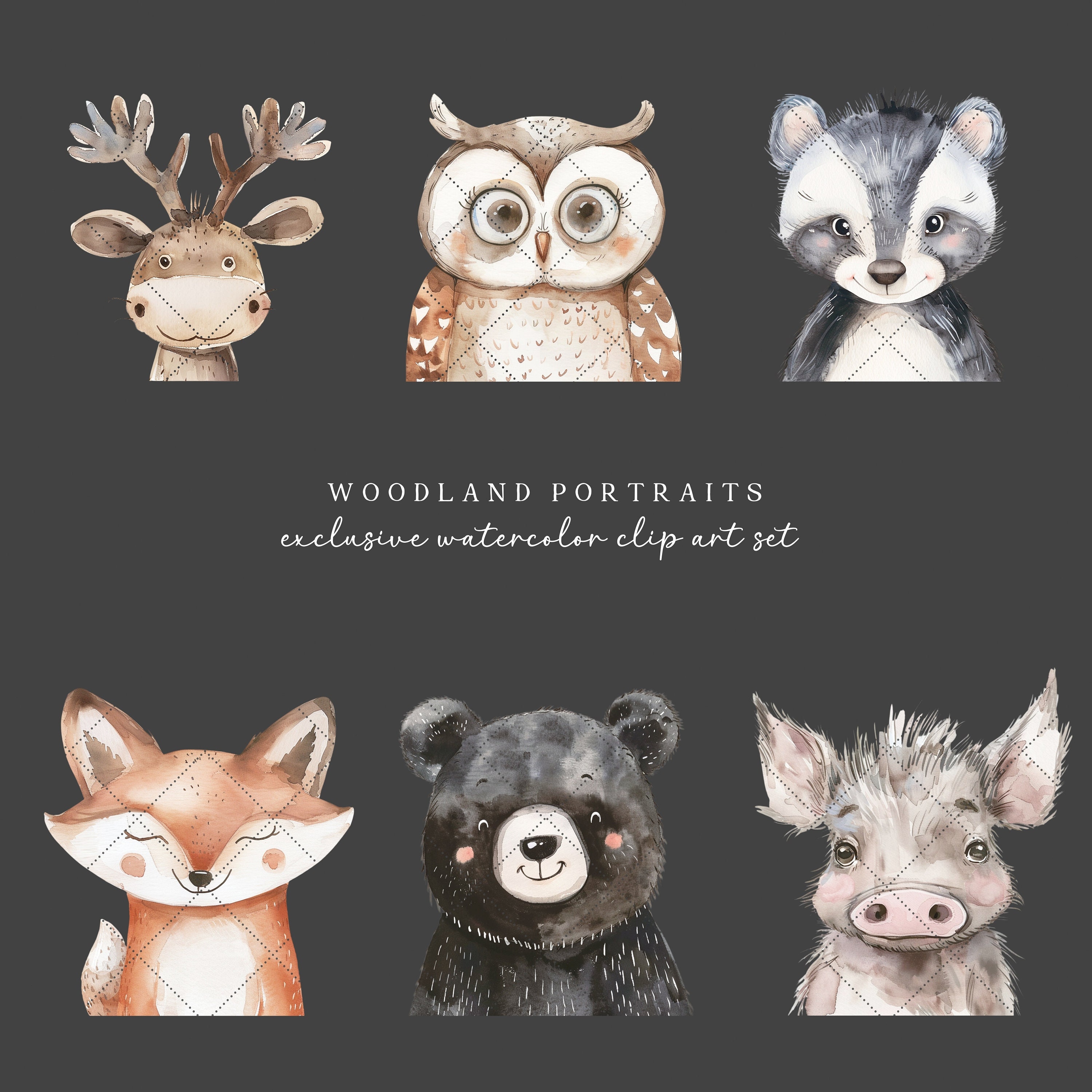 Watercolor Woodland Portraits Clipart, Cute Animals Clipart, Baby ...