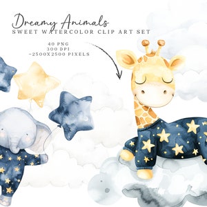 Watercolor Dreamy Animals Clipart Bundle, Night Time, Pajama Party ...