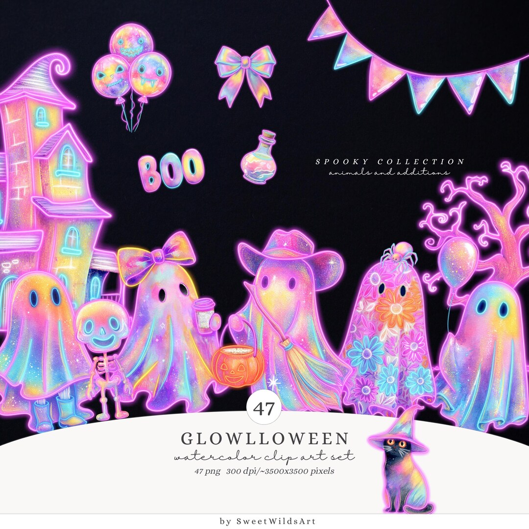 Watercolor Neon Halloween Clipart Set, Ghost Clipart, Cute Spooky Pngs ...